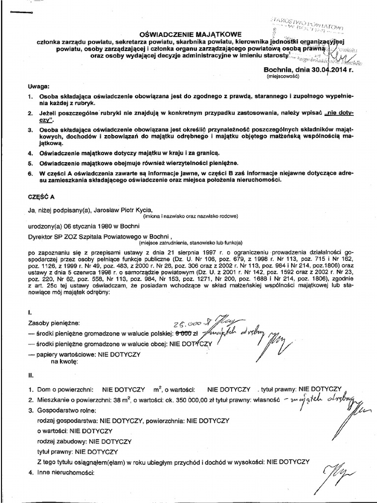 Kycia Jaroslaw Oswiadczenie Majatkowe Za 2013 Rok | PDF