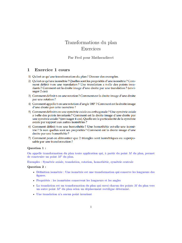 Exercices sur les transformations du plan | PDF | Géométrie | Concepts ...