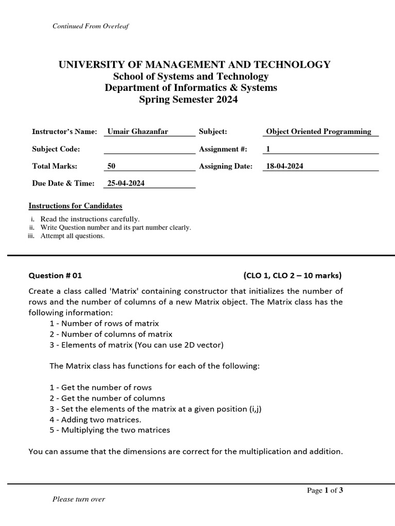 Assignment#01 OOP (Spring 2024) | PDF | Matrix (Mathematics) | Computer Programming