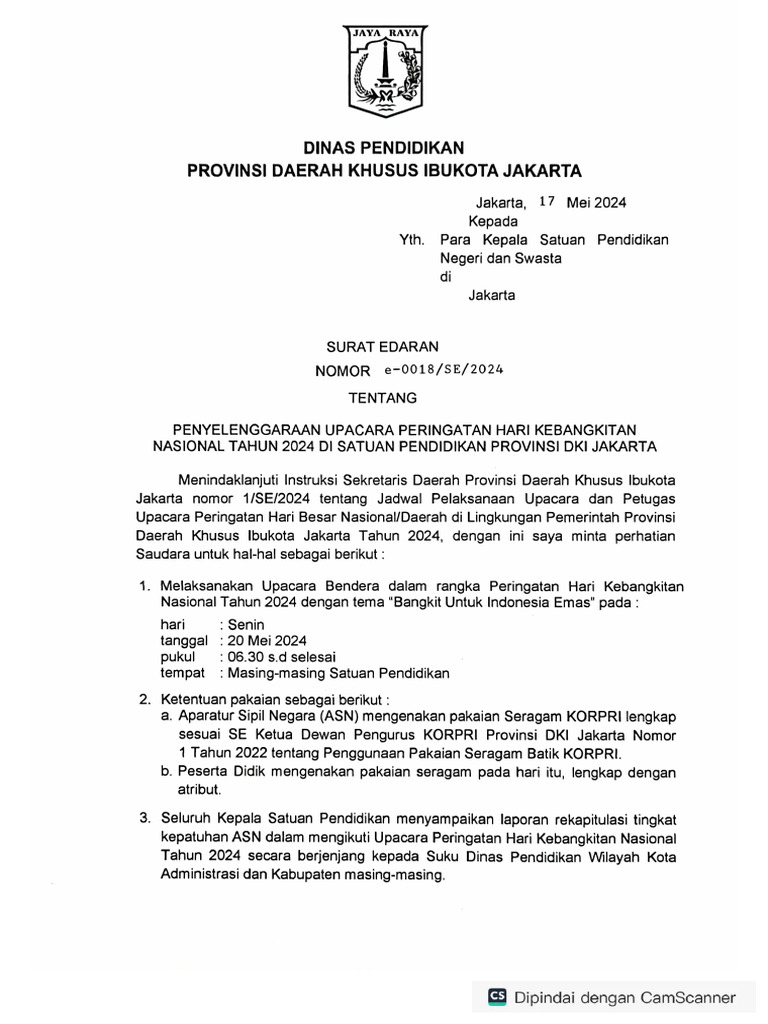 Surat Edaran Penyelenggaraan Upacara Peringatan Hari Kebangkitan Nasional Tahun 2024 Untuk ...