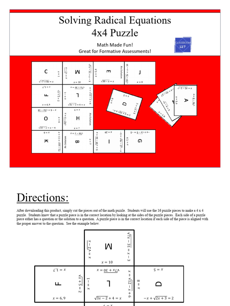Solving Radical Equations 4x4 Puzzle: Math Made Fun! Great For ...