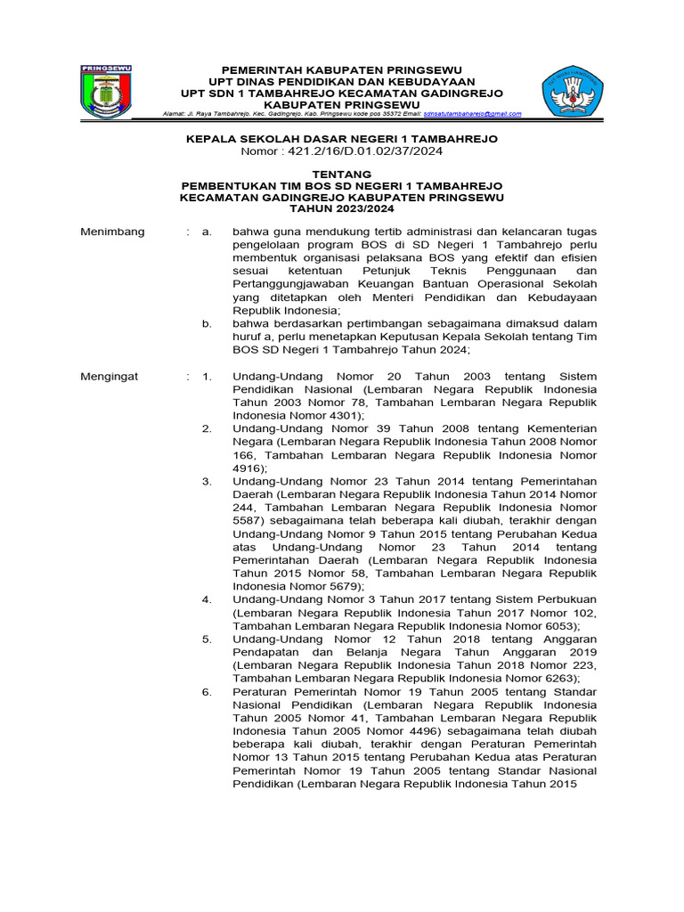 Contoh SK Tim BOS Reguler 2019 - WWW - Dapodik.co - Id | PDF