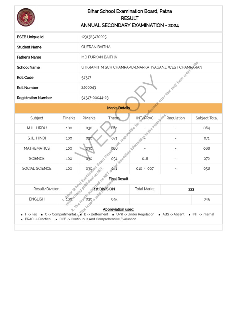 Gufran Baitha Marksheet PDF | PDF