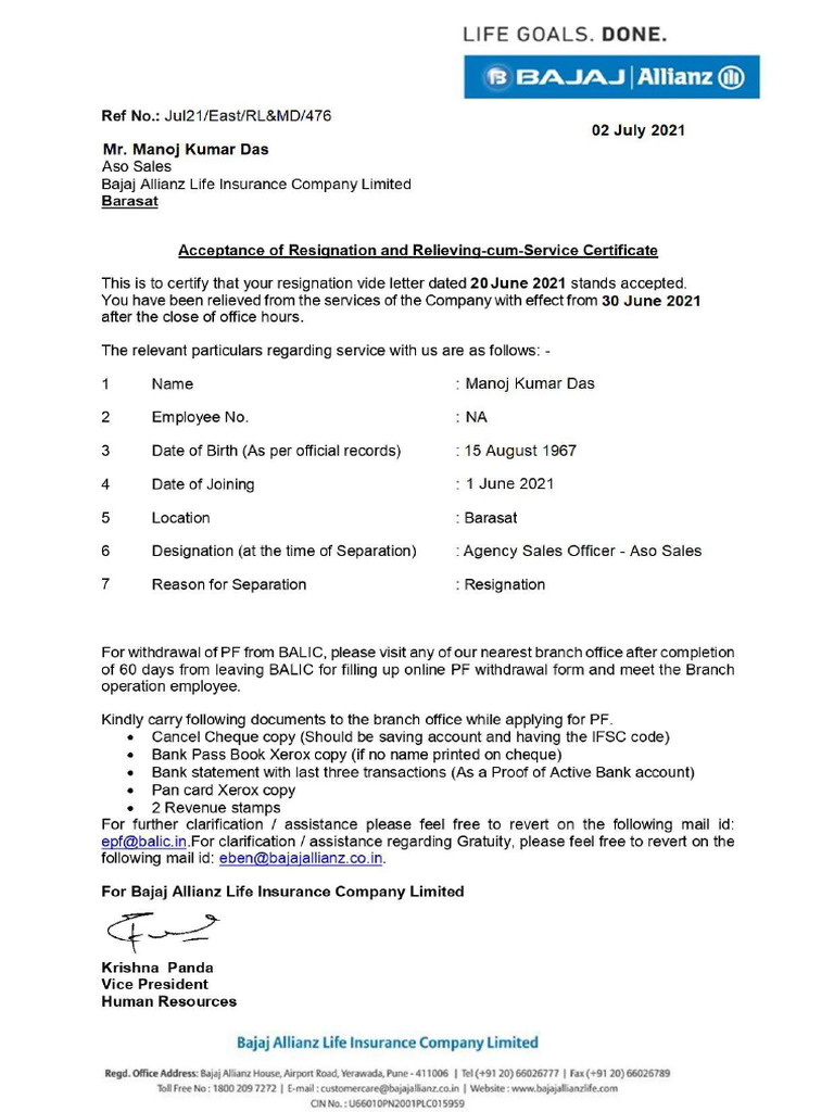 Release Letter - Manoj Kumar Das | PDF