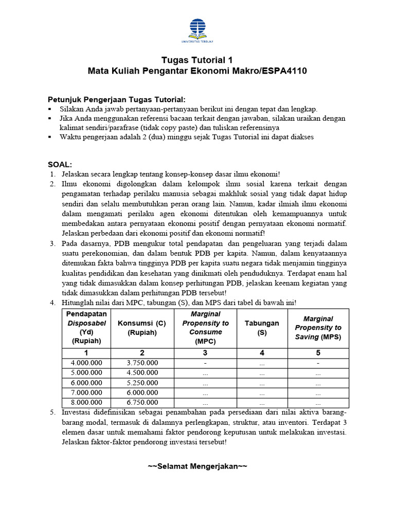 Tugas Tutorial 1 (ESPA 4110) | PDF
