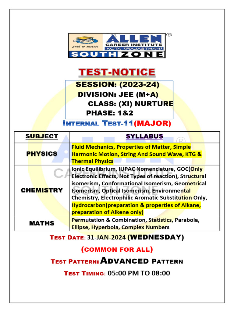 Session (2023-24) :: Division: Jee (M+A) Class: (Xi) Nurture PHASE: 1&2 ...