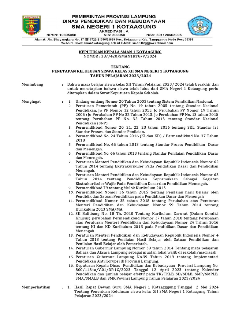 Contoh SK KELULUSAN 2023-2024 | PDF