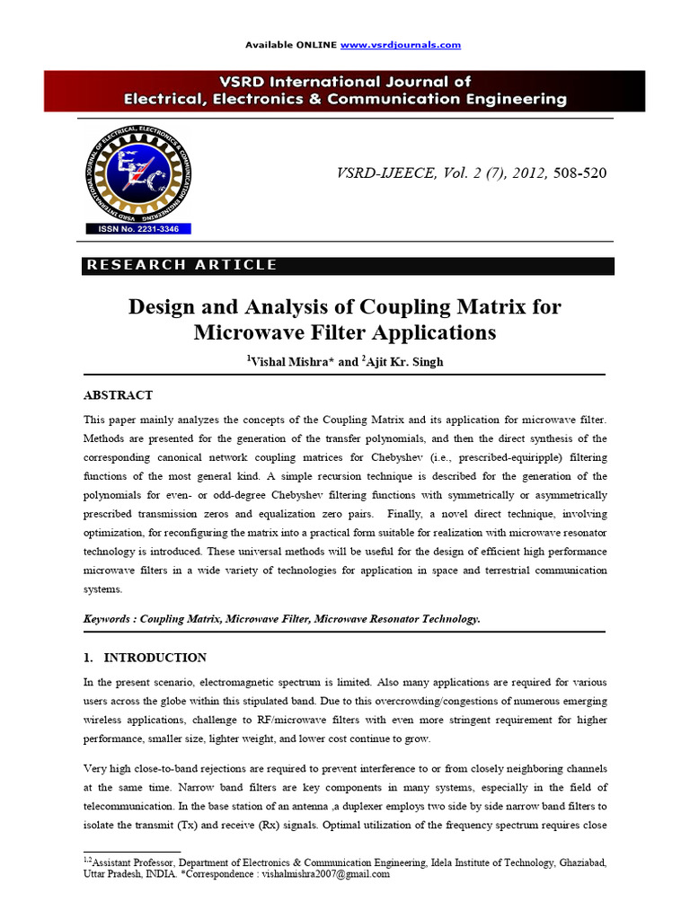 Design and Analysis of Coupling Matrix For Microwave Filter Applications | Download Free PDF ...