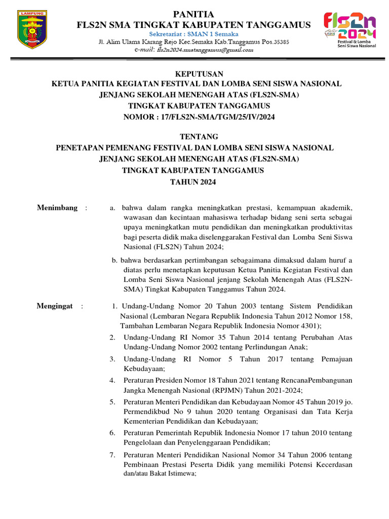 SK Pemenang FLS2N SMA Tingkat Kabupaten 2024 FIX | PDF