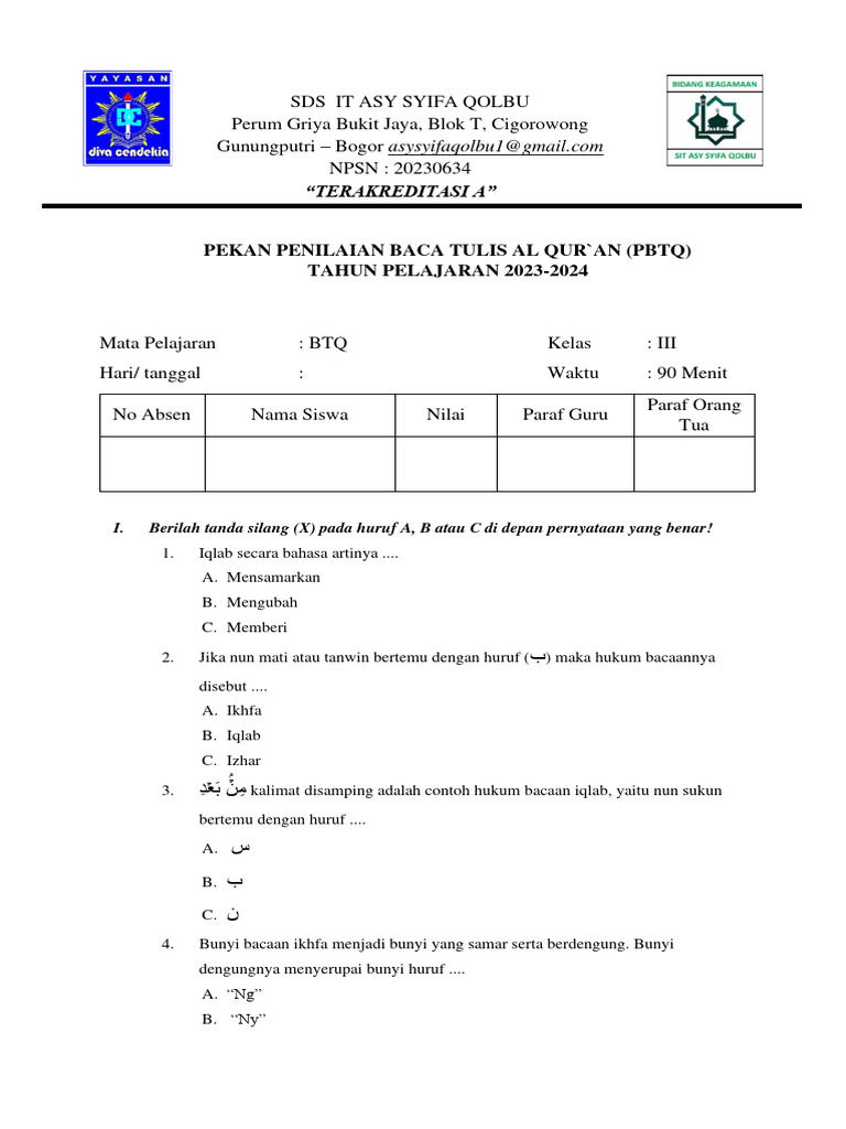 Penilaian BTQ Kelas III 2023-2024 | PDF