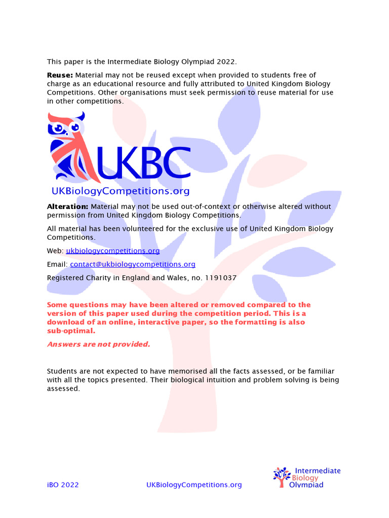 Intermediate Biology Olympiad 2022 | PDF | Zygosity | Dominance (Genetics)