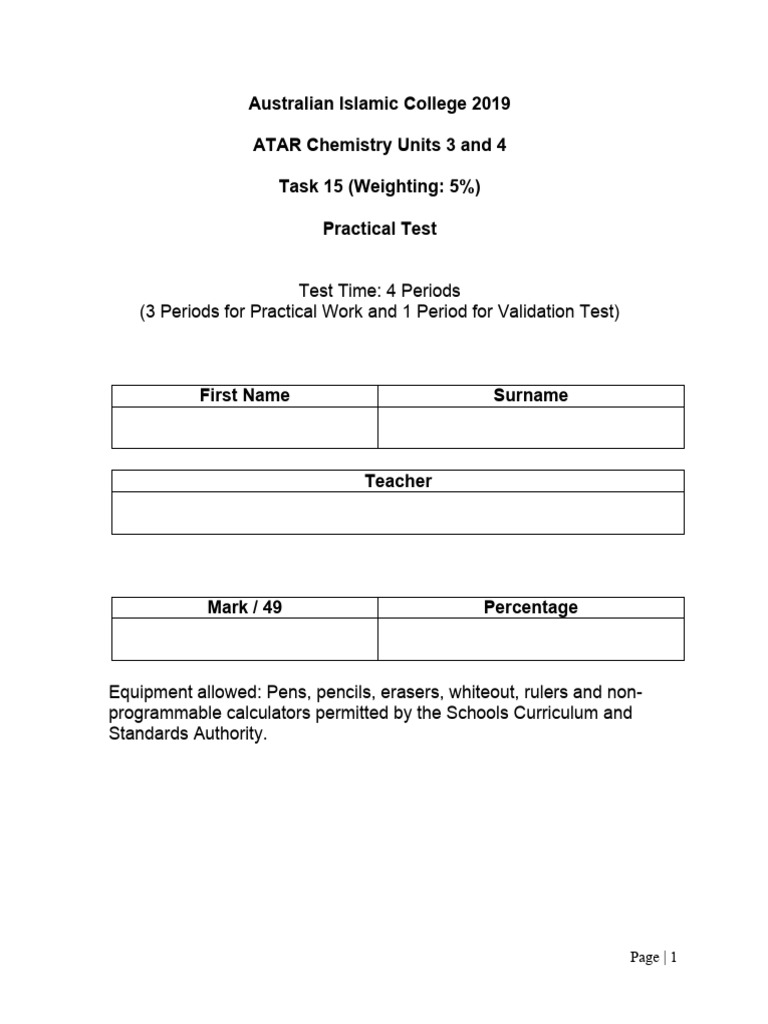 Year 12 Chem 2019 Assess 15 Prac Exam | PDF | Intermolecular Force ...