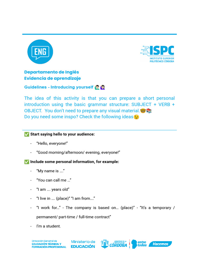 Unit 01 - Lineamientos EvP - Introducing Yourself | PDF