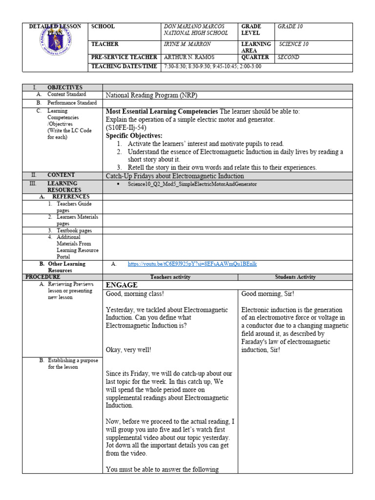 Grade 10 Science Lesson Plan: Electromagnetic Induction | PDF ...