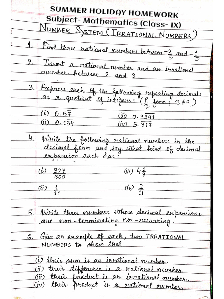Mathematics 9 Holiday Homework | PDF
