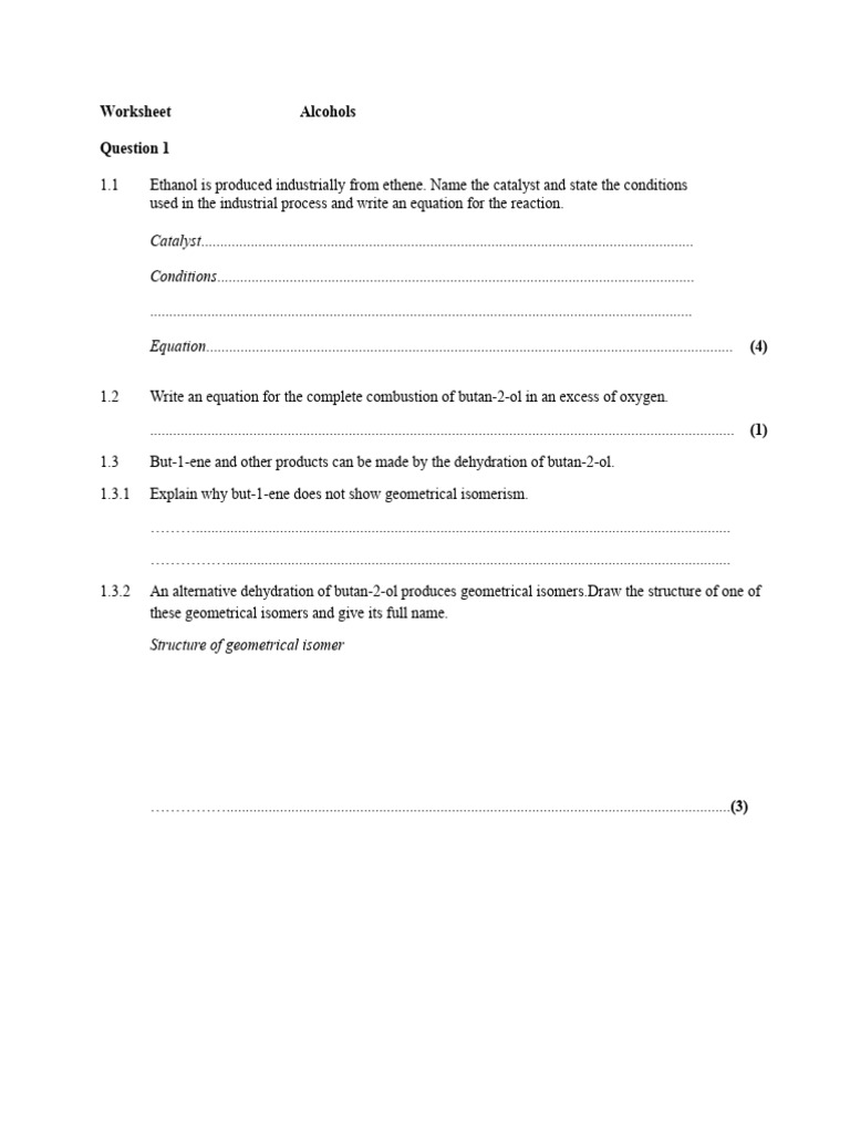 Worksheet Alcohols | PDF | Chemical Reactions | Aldehyde