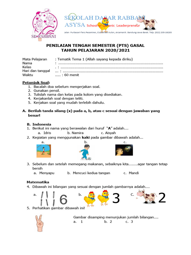 Soal PTS Tema 1 Kelas 1 | PDF