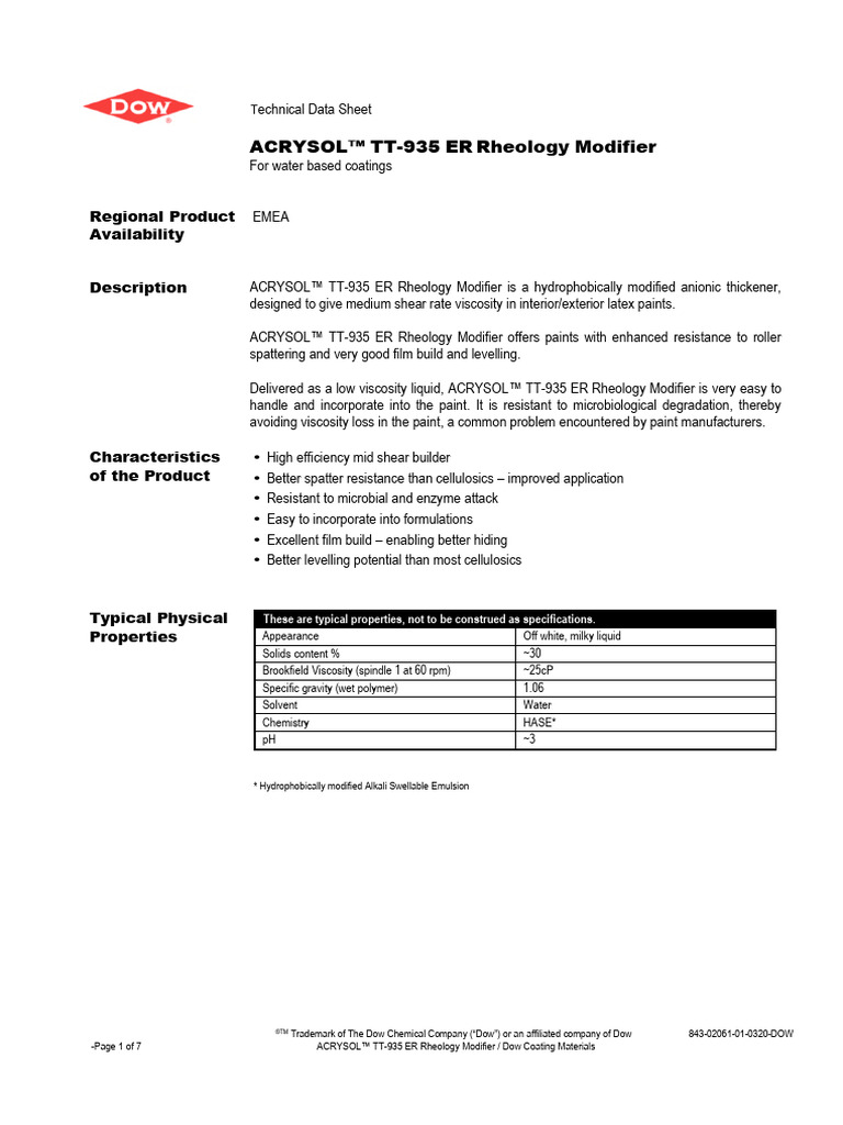 843 02061 01 Acrysol tt935 Er Rheology Modifier Technical Data Sheet Tds | Download Free PDF ...