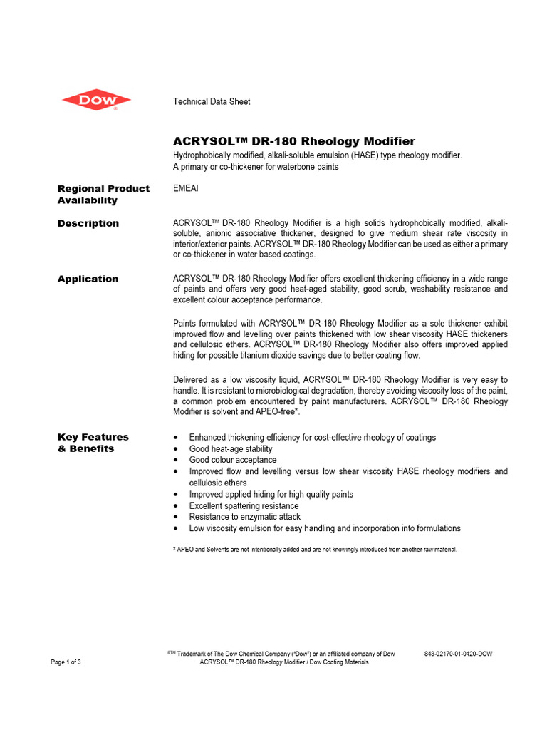 843 02170 01 Acrysol dr180 Rheology Modifier Tds | PDF | Paint | Rheology