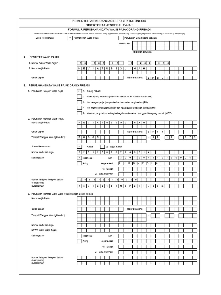 Formulir Perubahan Data NPWP Pribadi | PDF