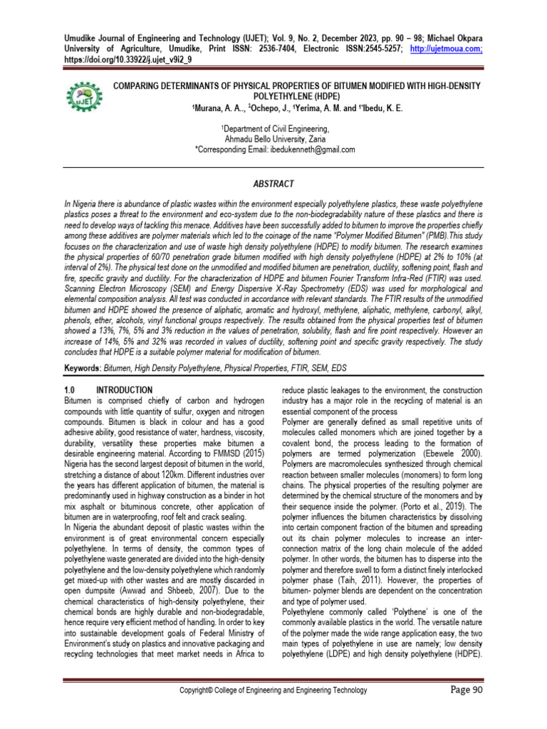Comparing Determinants of Physical Properties of Bitumen Modified With High-Density Polyethylene ...
