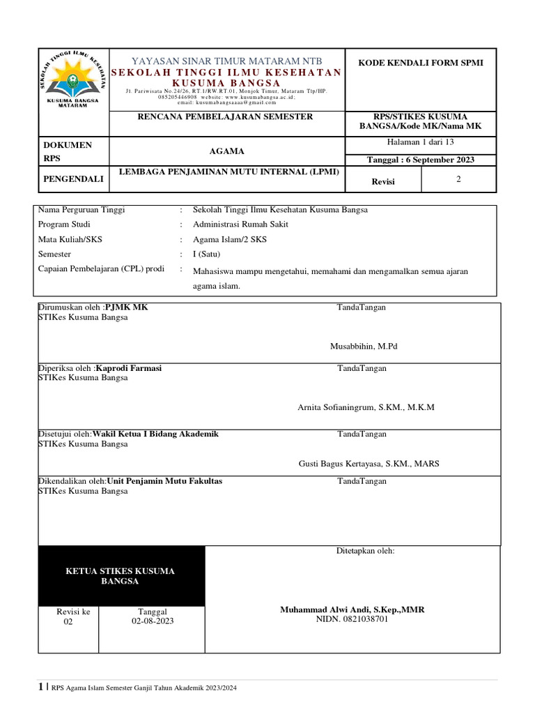 RPS Agama Islam STIKes 2023/2024 | PDF