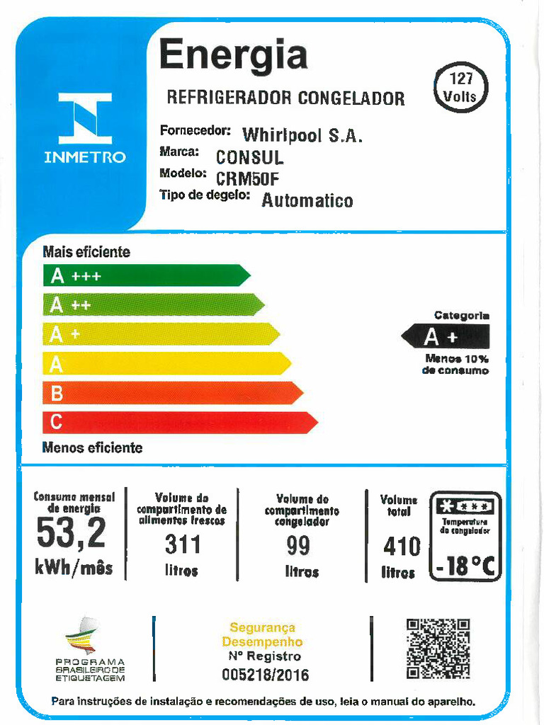 Consul Geladeira CRM50FK Selo Inmetro 127v | PDF