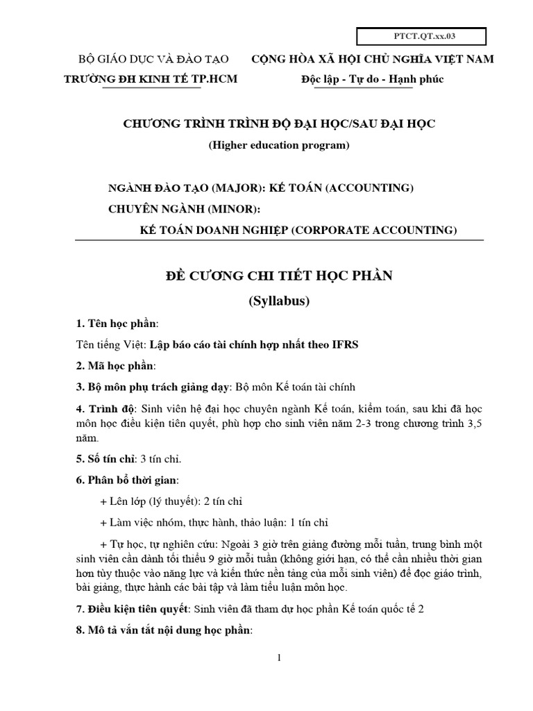 Cô Hải - Đề cuong mon hoc - BCTCHN THEO IFRS | PDF