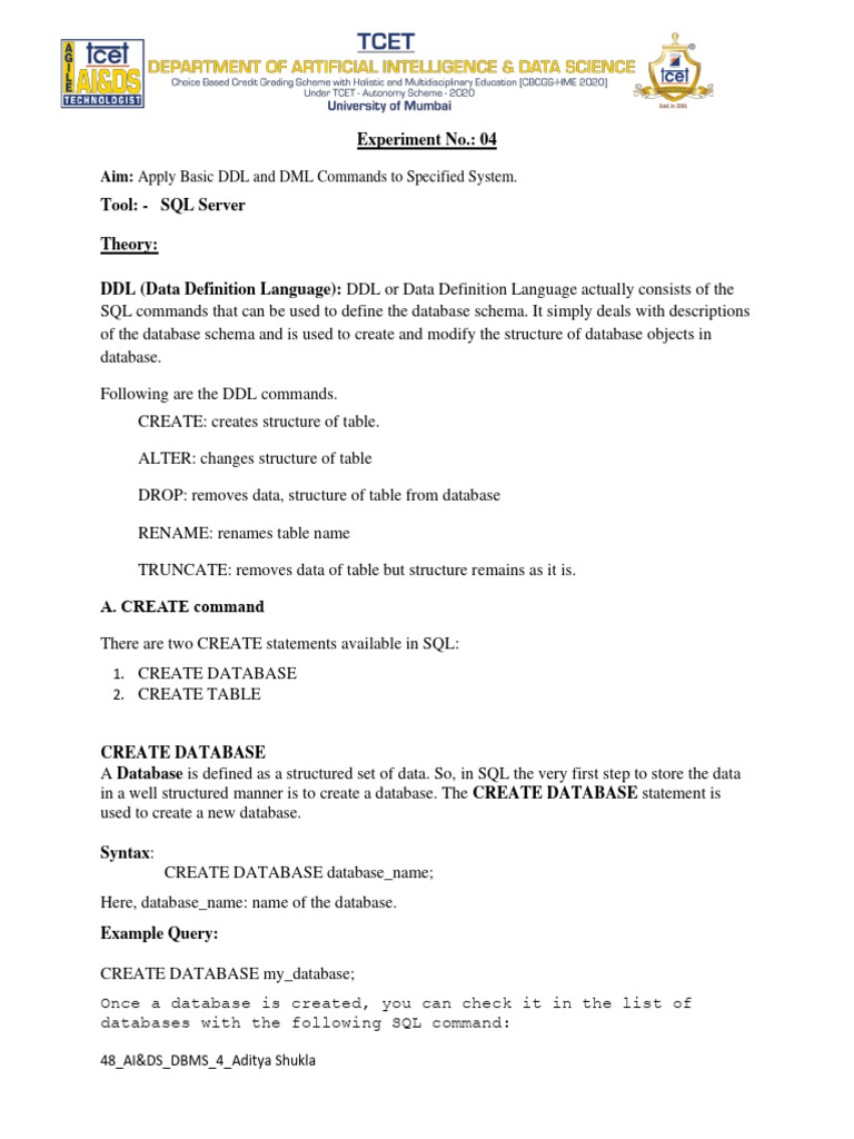 48 - Ai&ds - Dbms Exp 4 - Aditya Shukla | PDF | Sql | Table (Database)