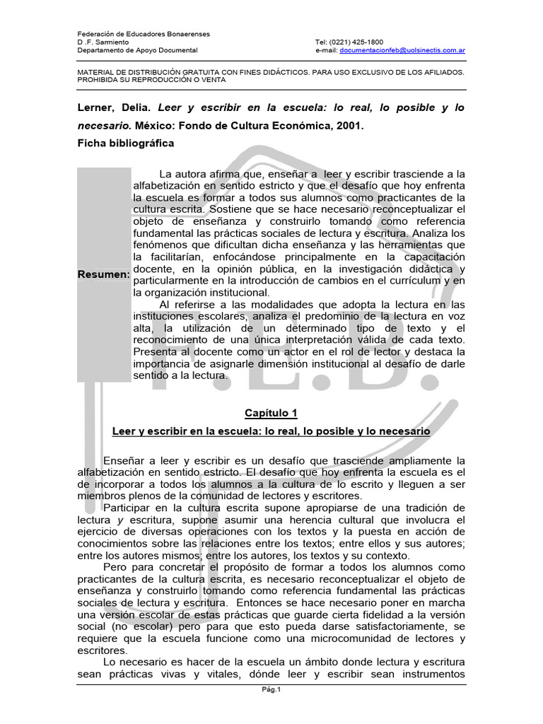 2 Lerner Leer y Escribir en La Escuela Lo Real Lo Posible y Lo Necesario | PDF | Enseñando ...
