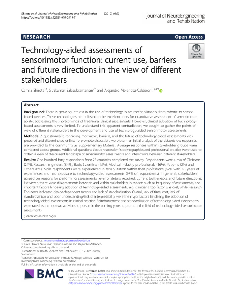 Technology-Aided Assessments of Sensorimotor Function: Current Use, Barriers and Future ...