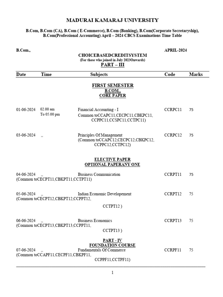 Exam April 2024 Timetable Cbcs For Those Who Joined In July 2023