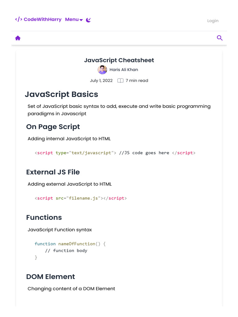 JavaScript Cheatsheet | PDF | Java Script | Document Object Model JavaScript Cheatsheet | PDF | Java Script | Document Object Model
