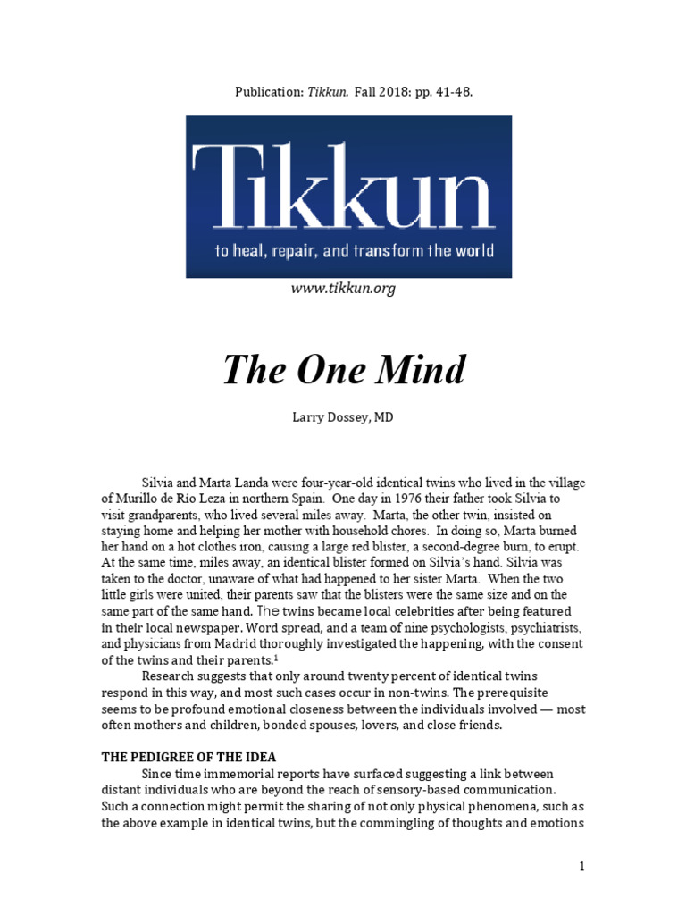 Larry Dossey Editorial Tikkun The One Mind 2018 | PDF | Consciousness | Mind