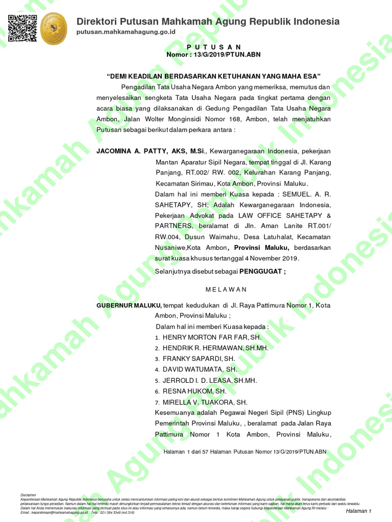 Putusan 13 G 2019 Ptun - Abn 20240519210517 | PDF