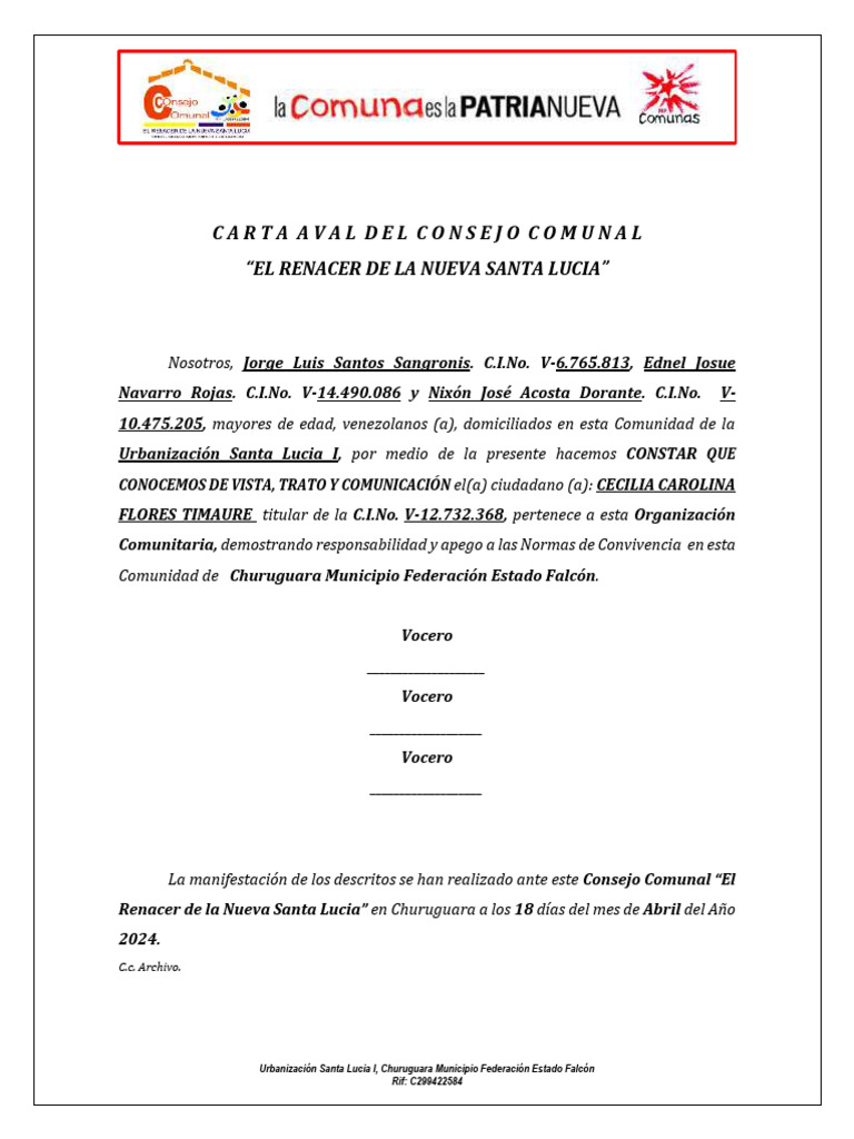 Carta Aval Consejo Comunal 2024 | PDF