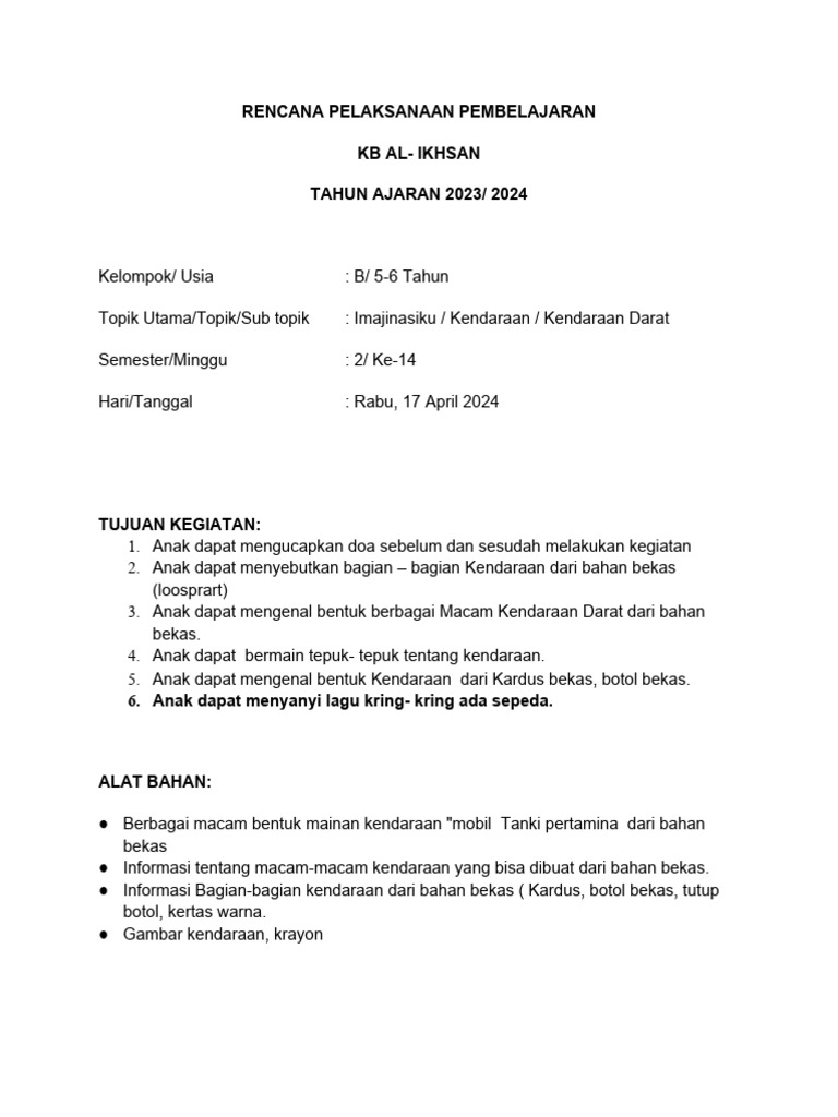 RPPH Tema Kendaraan Ke-3 | PDF | Perjalanan