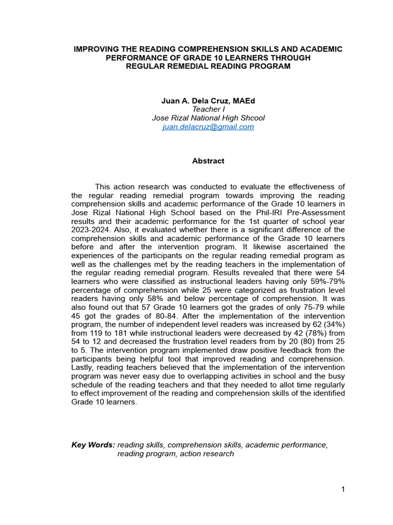 Sample Action Research For Reading Comprehension | Download Free PDF ...