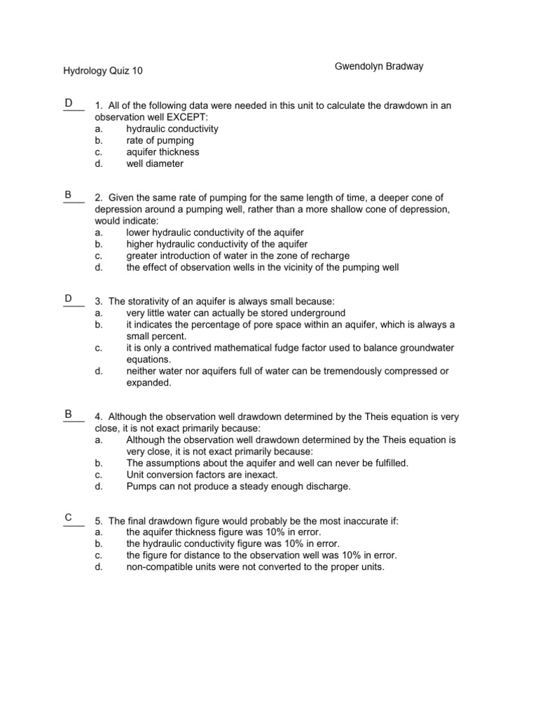 Hydrology Quiz: Observation Wells & Drawdown | PDF
