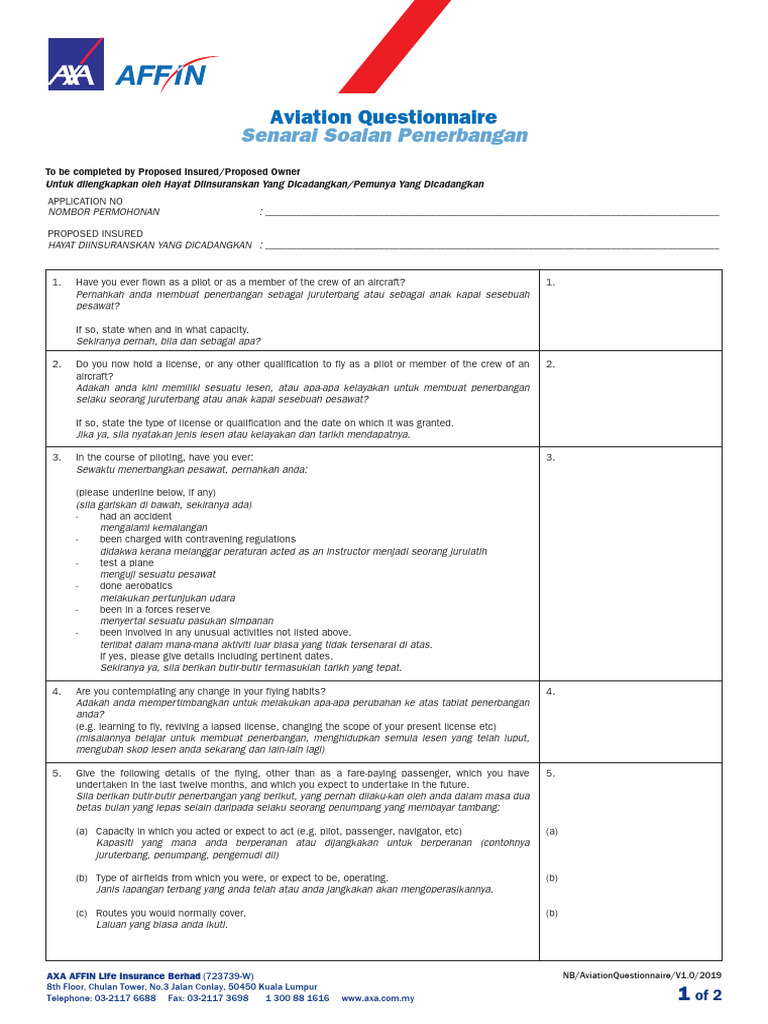 Aviation Insurance Questionnaire Form | PDF | Business