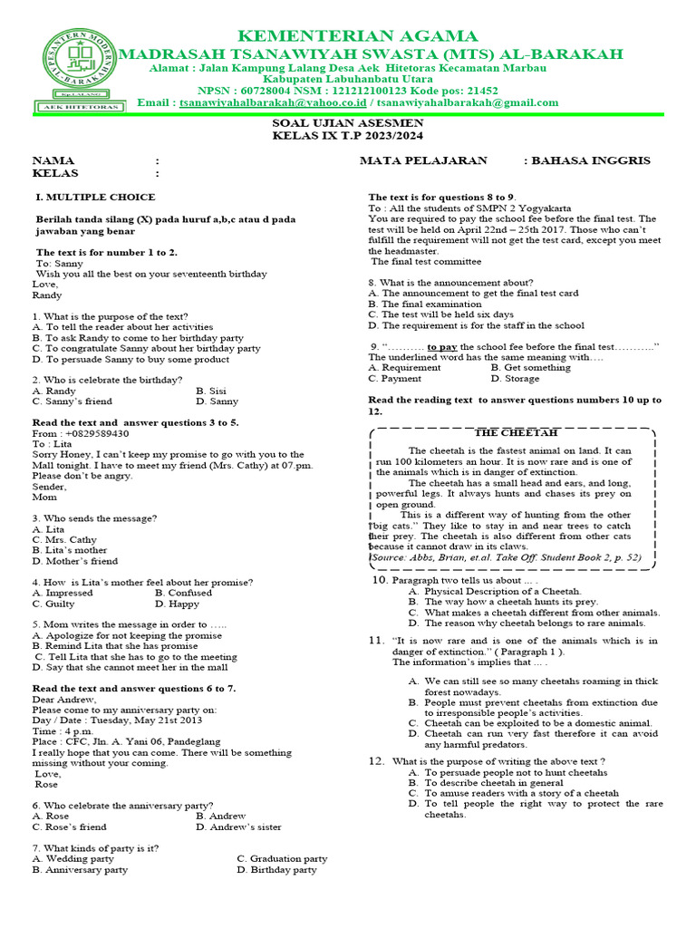 Soal Asesmen Bahasa Inggris Kelas 9 | PDF | Teaspoon | Tablespoon