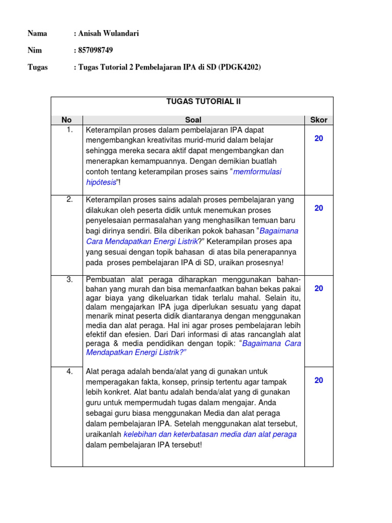 Tugas Tuton 2 Pembelajaran IPA SD | PDF