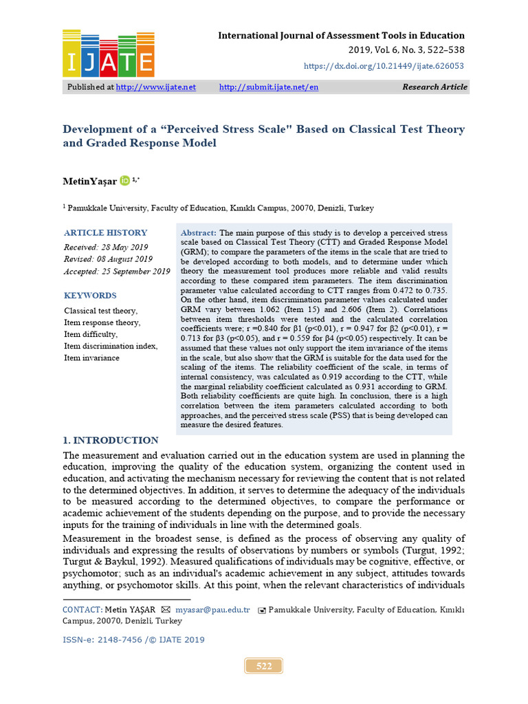 Development of A Perceived Stress Scale Based On Classical Test Theory ...