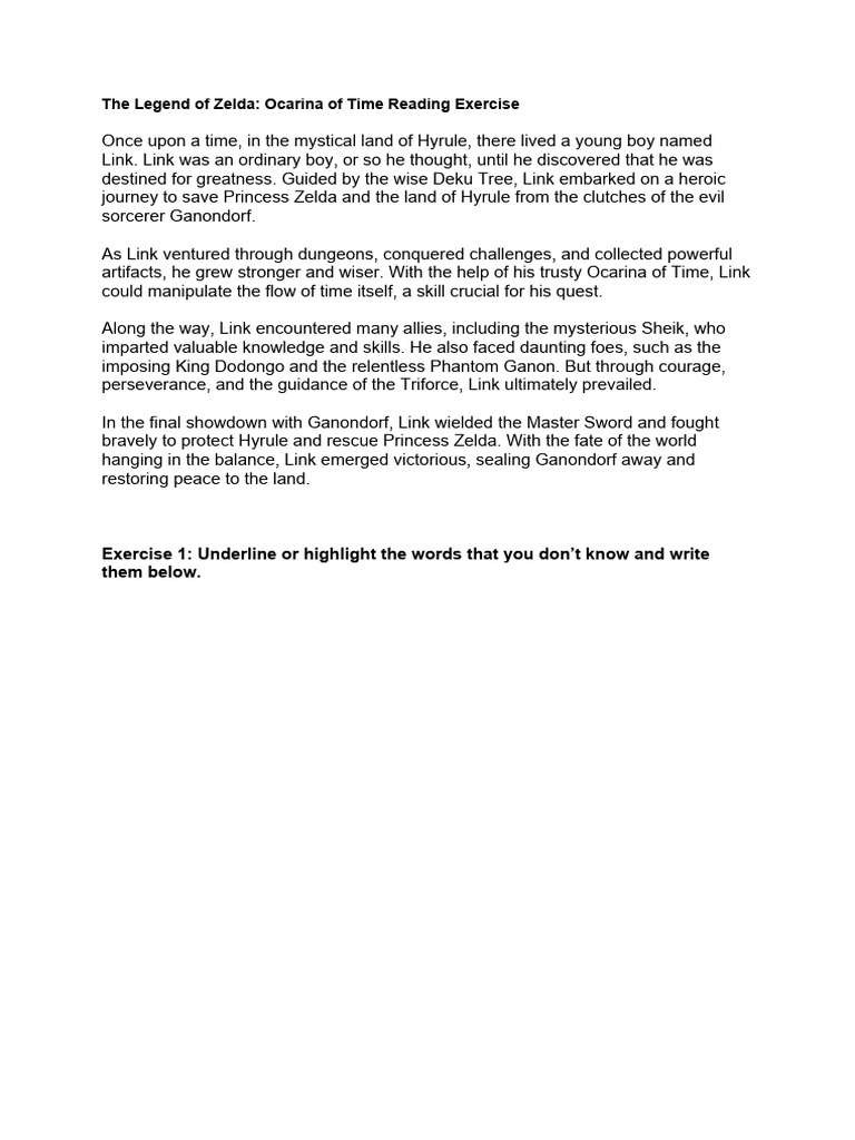 The Legend of Zelda - Ocarina of Time Reading Exercise | Download Free ...
