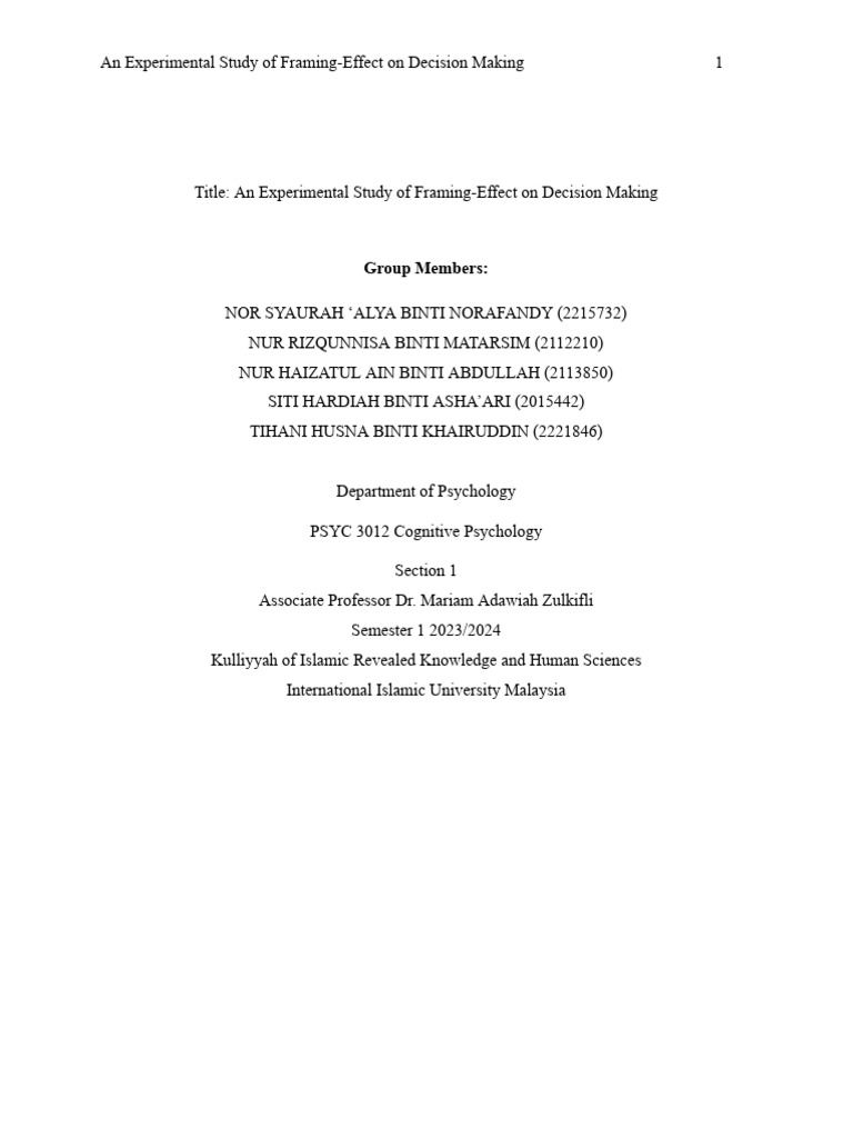 An Experimental Study of Framing-Effect On Decision Making 2 | PDF | Framing (Social Sciences ...