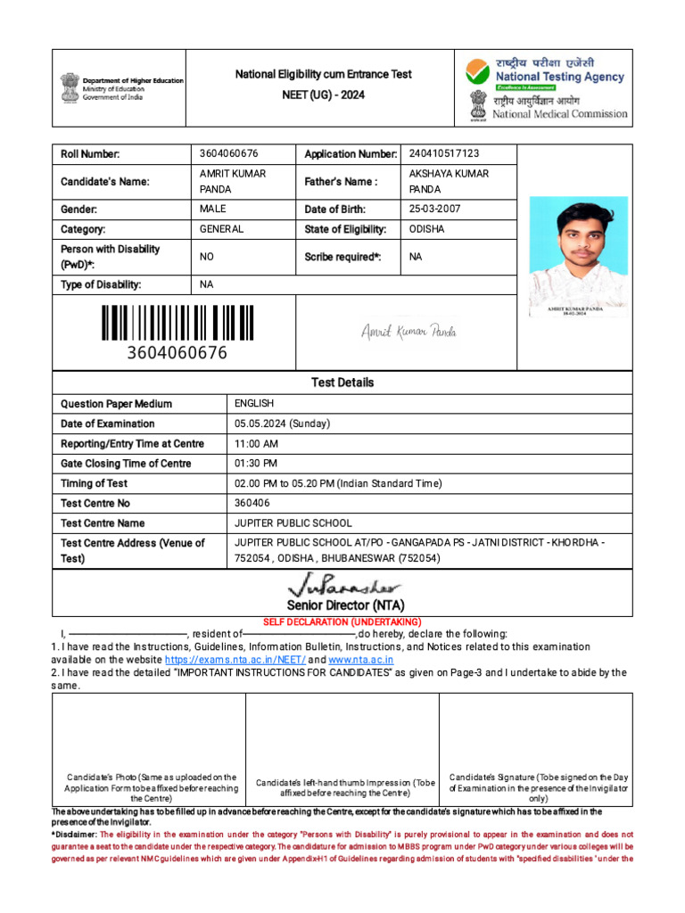 NEET UG 2024 Admit Card Details | PDF | Identity Document