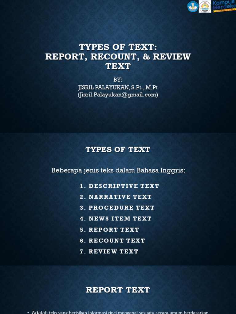 Types of Text - Report Recount & Review | PDF