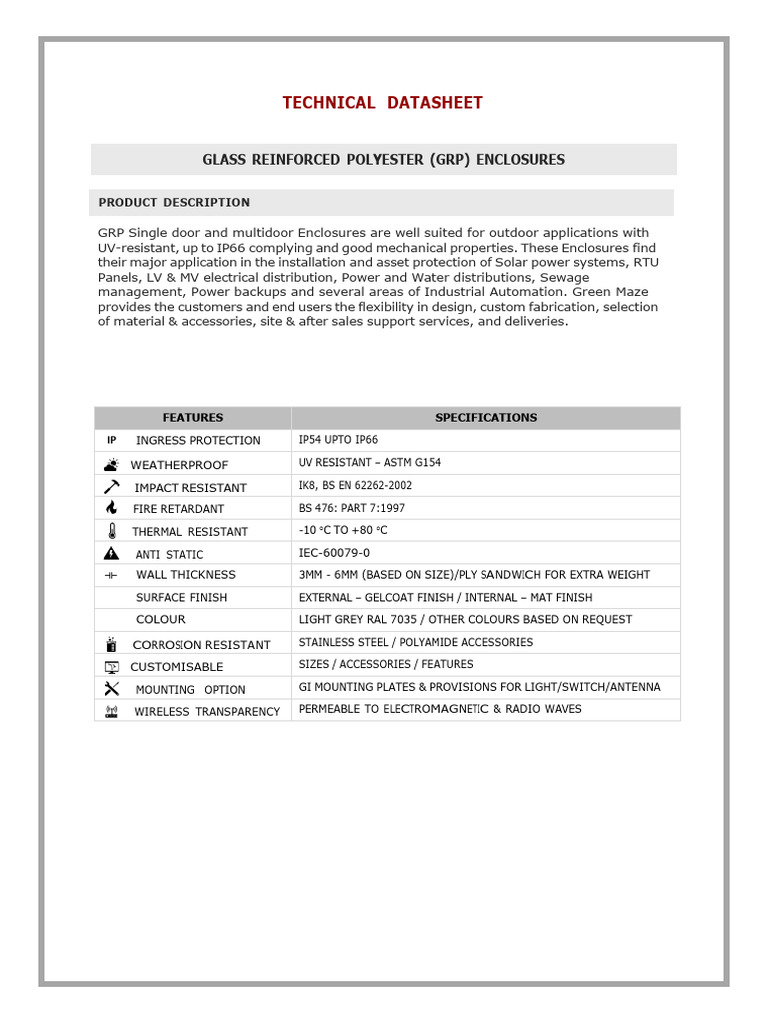 Technical Datasheet: Glass Reinforced Polyester (GRP) Enclosures | PDF ...