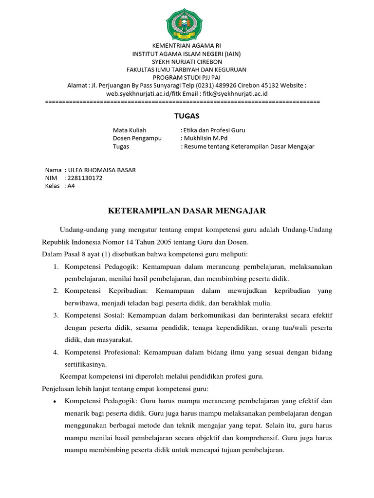 Resume 4 Kompetensi-Ulfa Rhomaisa Basar-2281130172-A4 | PDF