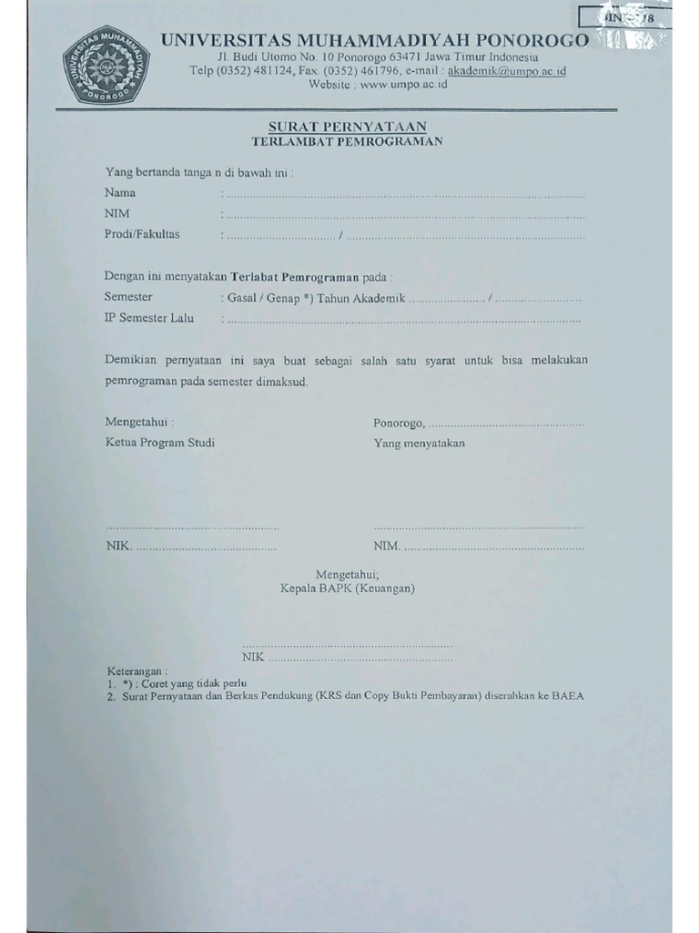 F18 Pernyataan Terlambat Program | PDF